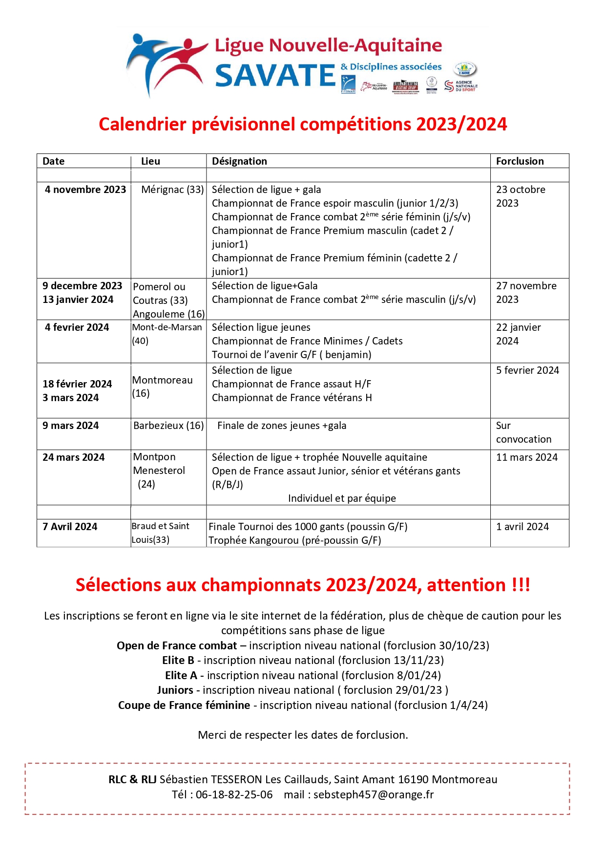 Calendrier des Compétitions - Ligue Nouvelle Aquitaine Savate et DA