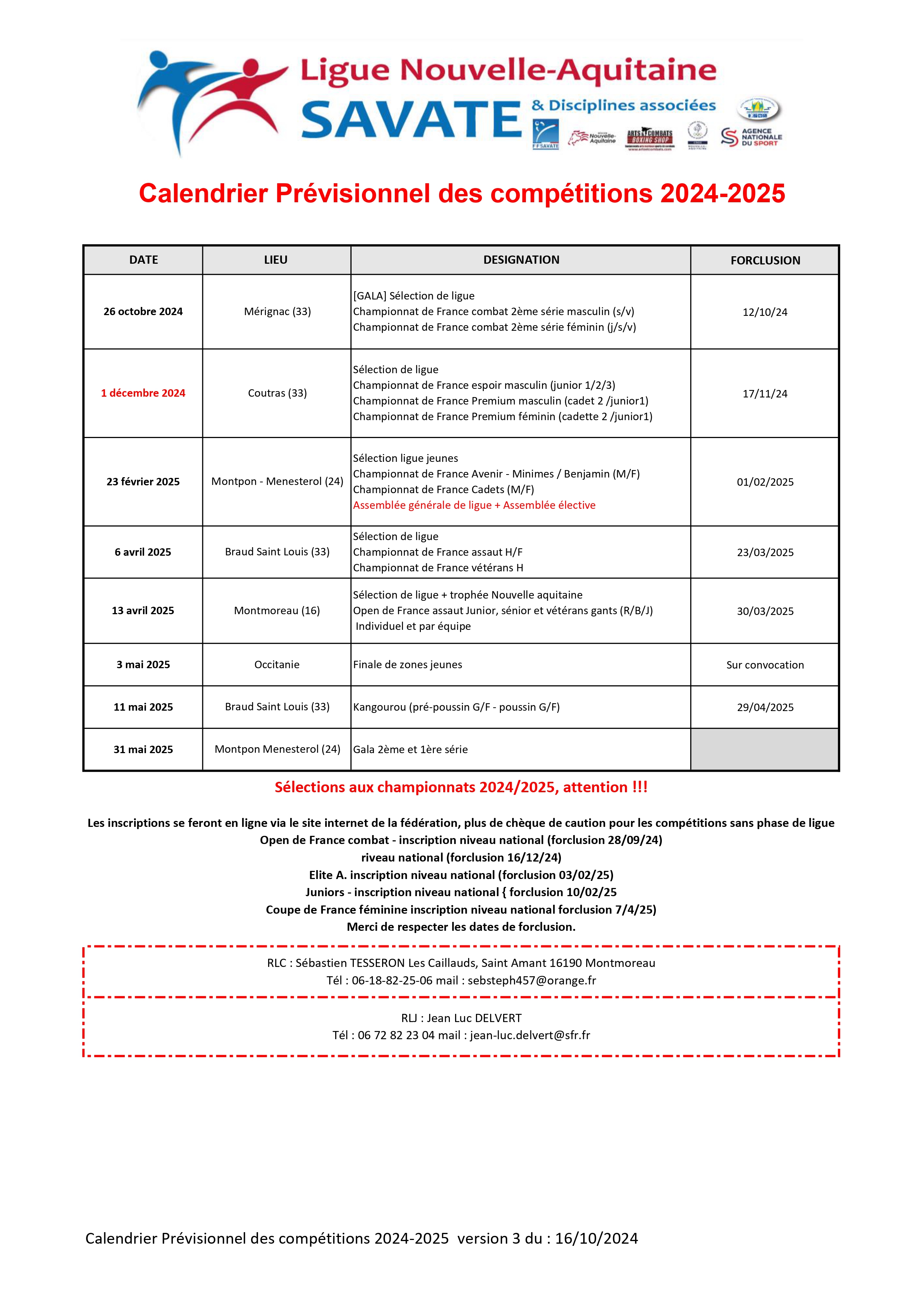 Calendrier des Compétitions - Ligue Nouvelle Aquitaine Savate et DA